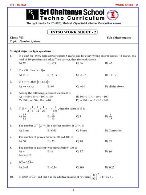 7 Class Intso Work Sheet 2 Number System Pdf Numbers Mathematics
