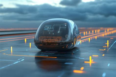 Futuristic Autonomous Vehicle Driving On A High Tech Urban Roadway At Dusk Stock Illustration
