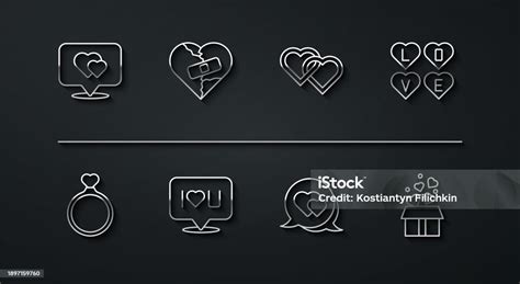 하트 결혼 반지 사랑 텍스트 하트 말풍선 스피치 사랑해 상처 또는 이혼 치유 선물 상자 하트 및 두 개의 연결된 하트 아이콘으로 라인 위치 설정 벡터 검은색에 대한 스톡