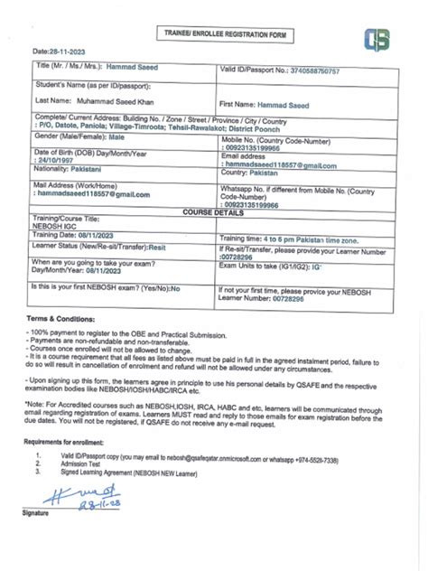 Nebosh Qsafe Registration Form 2023 Hammad Saeed Pdf