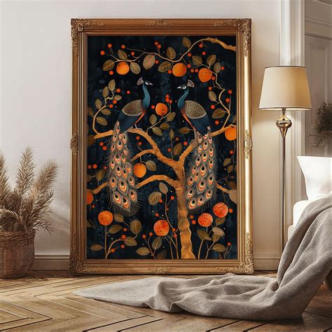 Peacocks On Mango Tree Indian Art Style Print Colorful Folk Art Poster