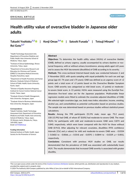 Pdf Health Utility Value Of Overactive Bladder In Japanese Older Adults