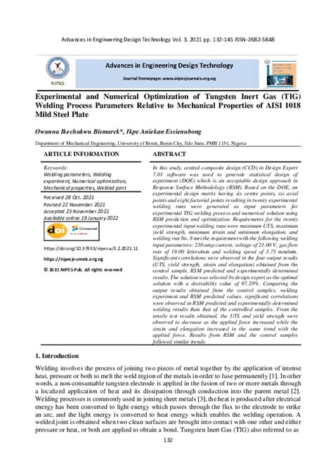 Pdf Experimental And Numerical Optimization Of Tungsten Inert Gas