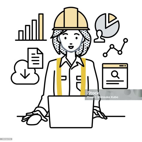 웹 사이트 검색 연구 클라우드 파일 공유 분석 및 책상에서 보고서를 만들기 위해 랩톱 컴퓨터를 사용하여 건설 현장에서 일하는 여성 건축가에 대한 스톡 벡터 아트 및 기타