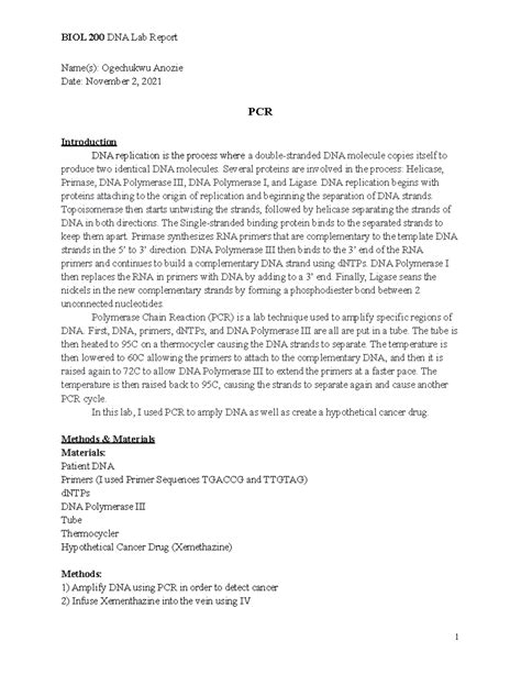 BIOL DNA Lab Report BIOL DNA Lab Report Name S Ogechukwu Anozie Date November