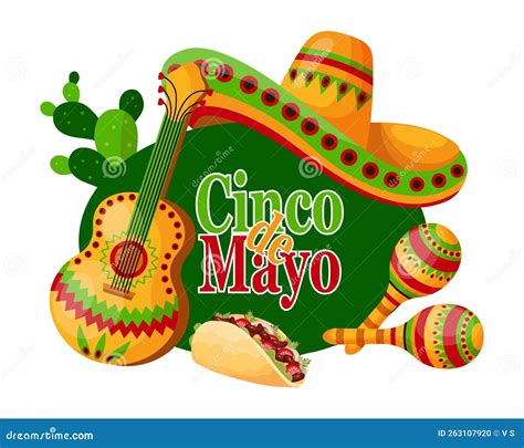 Colorful Cinco De Mayo Banner With Mexico Symbols Tacos Guitar