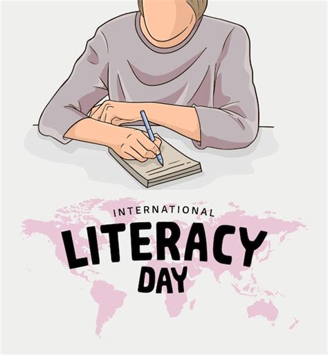 다채로운 남자가 삽화와 세계 지도를 쓰는 국제 문맹 퇴치의 날 프리미엄 벡터