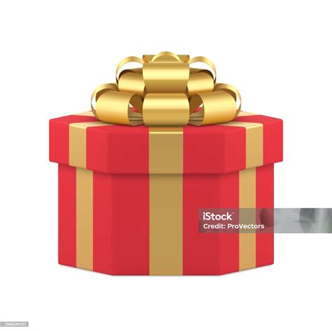 황금 메탈릭 리본 리얼한 벡터 일러스트가 있는 다각형 레드 래핑 기프트 박스 선물에 대한 스톡 벡터 아트 및 기타 이미지 선물 육각형 3차원 형태 Istock