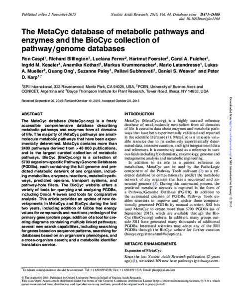 Pdf The Metacyc Database Of Metabolic Pathways And Enzymes And The Biocyc Collection Of