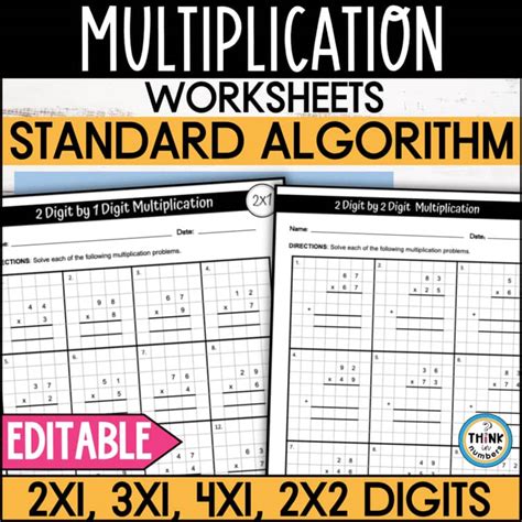 Editable Standard Algorithm Multiplication Worksheets 2x1 3x1 4x1 And
