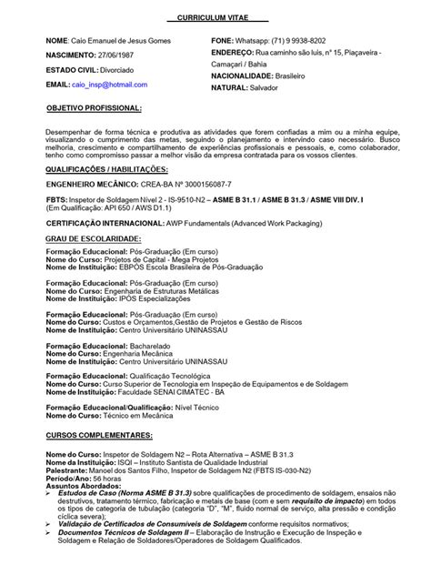 Curriculo Caio Emanuel Atualizado Download Grátis Pdf Engenharia Pós Graduação