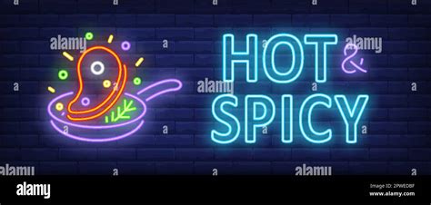 Hot And Spicy Neon Text With Frying Beef Steak On Pan Stock Vector