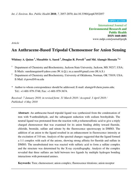 Pdf An Anthracene Based Tripodal Chemosensor For Anion Sensing