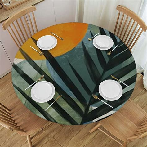 Jeuxus Round Table Cover Abstract Mid Century Elastic Fitted Tablecloth Boho Modern Geometric