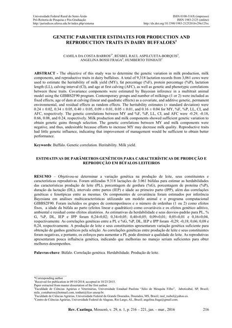 Pdf Genetic Parameter Estimates For Production And Reproduction