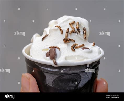 Ice Cream With Edible Insect Topping Small Larvae Mealworms And