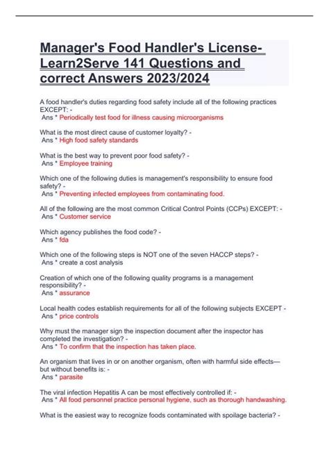 Managers Food Handlers License Learn2serve 141 Questions And Correct