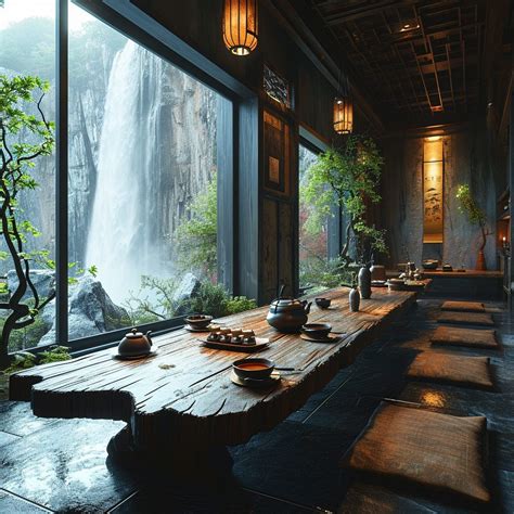 Traditional Japanese Style Tea Rooms With A View Of The Waterfalls