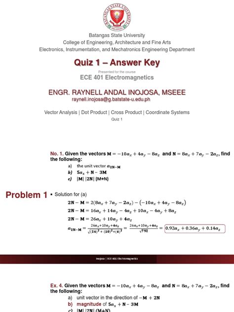 Ece 401 Quiz 1 Answer Key Pdf Euclidean Vector Linear Algebra