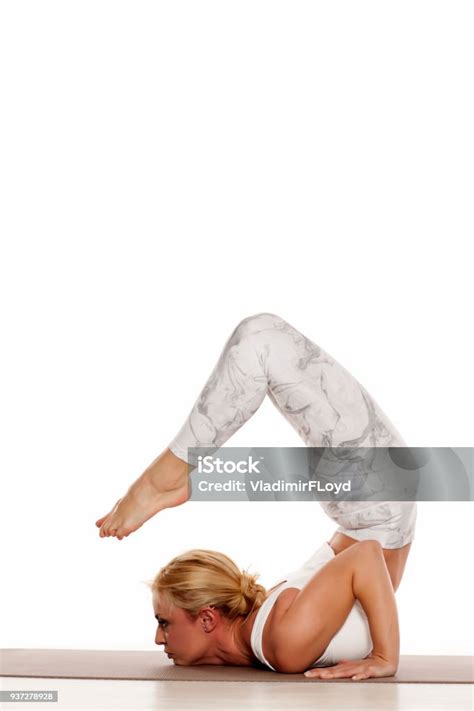 요가 스포츠 교육 및 라이프 스타일 개념요가 운동을 하 고 젊은 금발 여성 하얀 운동복 요가 연습을 하 고 있는 젊은 아름 다운 여자의 초상화 서 진 간다 어