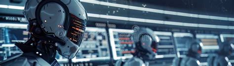 Autonomous Robots Collaborating In An Ai Research Lab Screens Displaying Complex Algorithms A