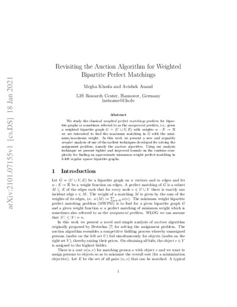 Pdf Revisiting The Auction Algorithm For Weighted Bipartite Perfect