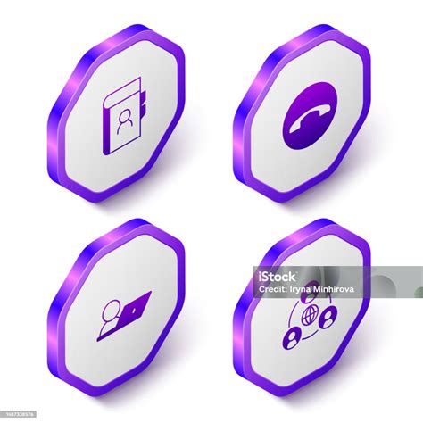 아이소메트릭 전화번호부 전화 송수화기 화상 채팅 회의 및 회의 아이콘을 설정합니다 보라색 육각형 버튼 벡터 3차원 형태에 대한 스톡 벡터 아트 및 기타 이미지 Istock
