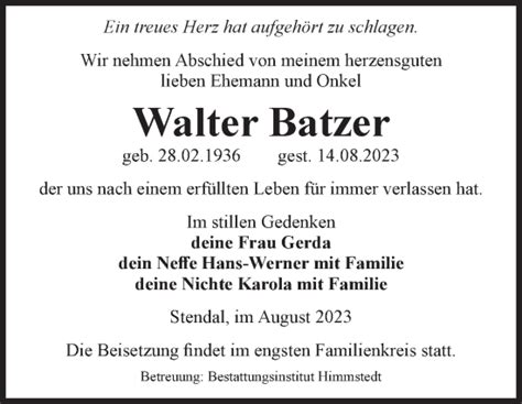 Traueranzeigen Von Walter Batzer Abschied Nehmende