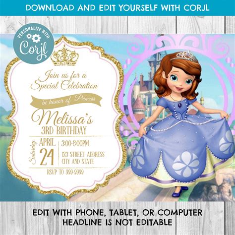 Princess Sofia Invitation Princess Sofia Birthday Invitation Sofia Worksheets Library