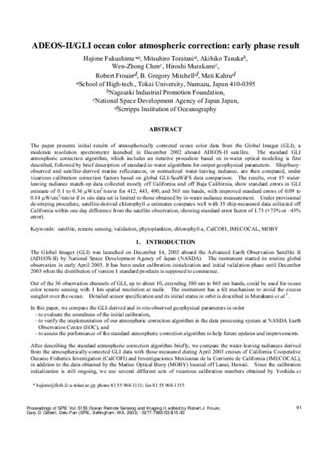 Pdf Adeos Ii Gli Ocean Color Atmospheric Correction Early Phase Result