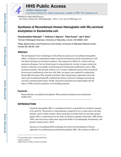 [pdf] Synthesis Of Recombinant Human Hemoglobin With Nh 2 ‐terminal Acetylation In Escherichia Coli