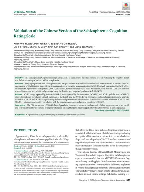 Pdf Validation Of The Chinese Version Of The Schizophrenia Cognition Rating Scale