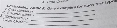 Learning Task 5 Give Examples For Each Text Types 1 Classification Brainly Ph