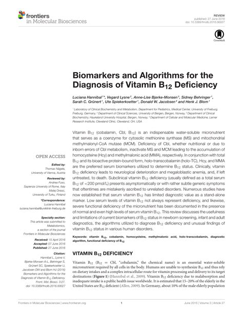 Pdf Biomarkers And Algorithms For The Diagnosis Of Vitamin B12 Deficiency