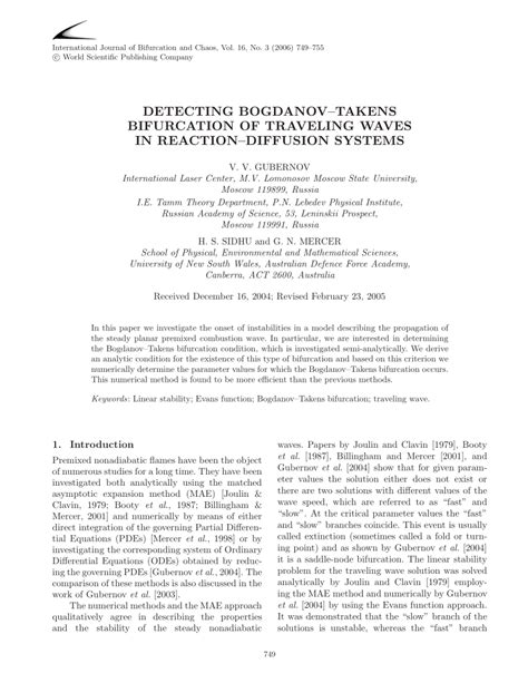 Pdf Detecting Bogdanov Takens Bifurcation Of Traveling Waves In Reaction Diffusion Systems