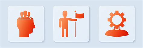 내부에 기어와 플래그 프로젝트 팀 베이스와 인간을 들고 사람을 설정합니다 흰색 정사각형 버튼 벡터 개념에 대한 스톡 벡터 아트 및 기타 이미지 Istock