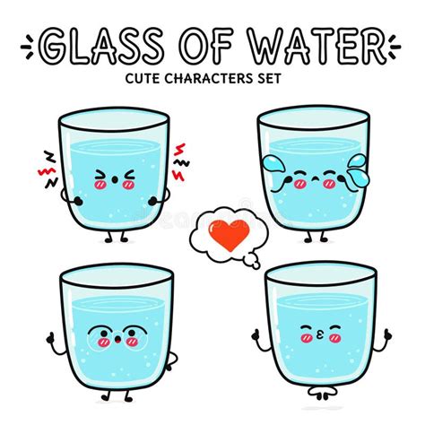 Funny Cute Happy Glass Of Water Characters Bundle Set Vector Hand