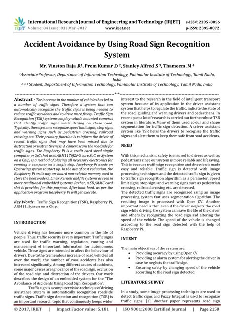 PDF Accident Avoidance By Using Road Sign Recognition System