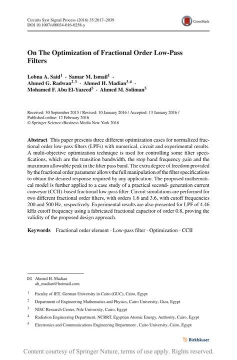 On The Optimization Of Fractional Order Low Pass Filters Request Pdf