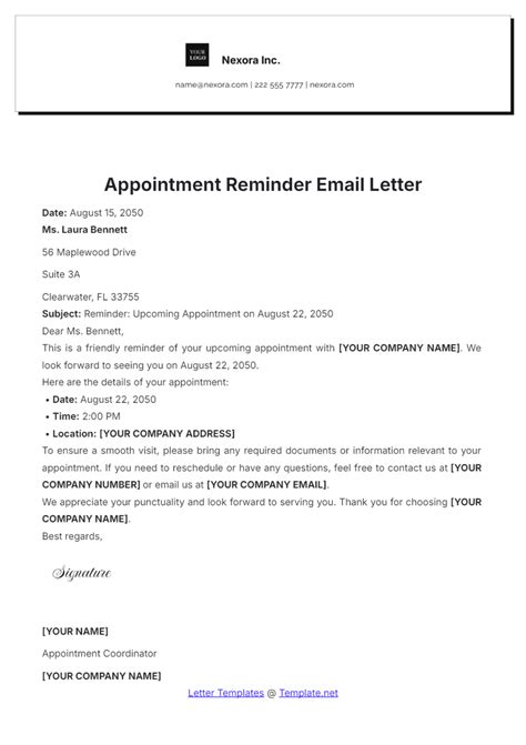Free Appointment Reminder Email Letter Template To Edit Online