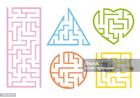 미로의 집합입니다 만화 스타일입니다 시각적 워크 시트 활동 페이지 아이들을위한 게임 아이들을위한 퍼즐 미로 수수께끼 색상 벡터