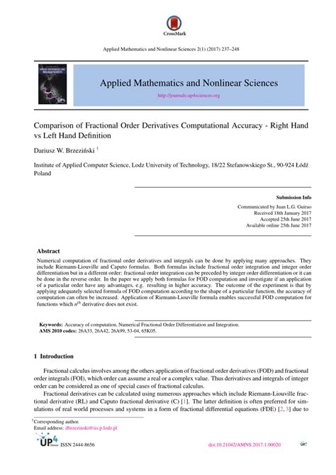 Pdf Comparison Of Fractional Order Derivatives Computational Accuracy Right Hand Vs Left