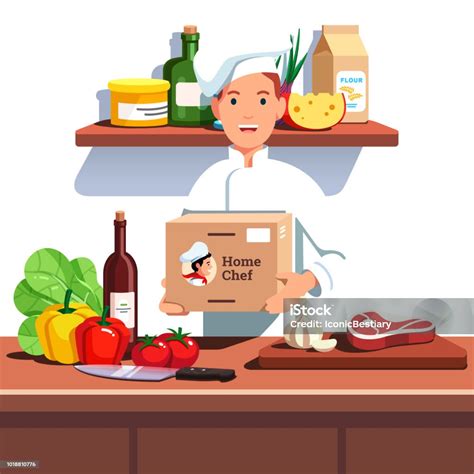 요리사 쿡 준비와 싱크대에 부엌에서 식사 재료 배달 상자를 들고 모자를 쓰고 음식을 요리 평면 스타일 벡터 도마 요리 도구에 대한 스톡 벡터 아트 및 기타 이미지 Istock