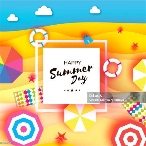 탑 뷰 파라솔페이퍼 컷 스타일의 우산 여름 장비와 종이 접기 모래 해변 비치 레스트 휴가 및 여행 개념입니다 정사각형 프레임