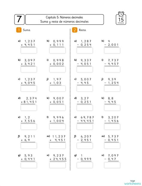 Suma Y Resta De Números Decimales Ficha Interactiva Topworksheets
