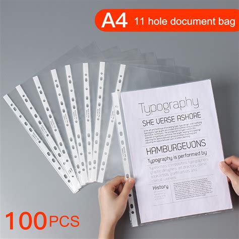 100pcs A4 Plastic Punched Pockets Folders Filing 11 Holes Loose Leaf Documents Sheet Protectors