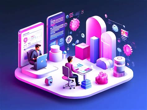 Isometric Illustration Depicting A Hightech Workspace With Computers