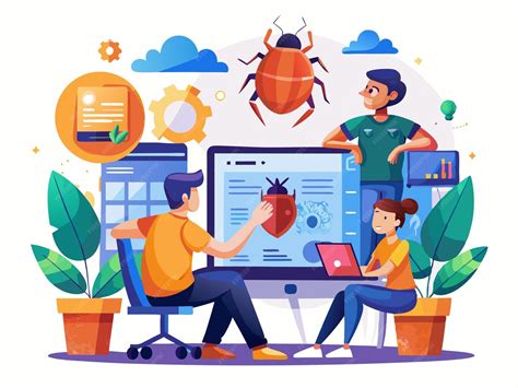 Team Of Developers Debugging Software Bug On Computer Screen Vector Art