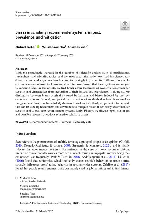 Pdf Biases In Scholarly Recommender Systems Impact Prevalence And Mitigation