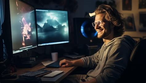premium photo a man is sitting in front of two computer monitors